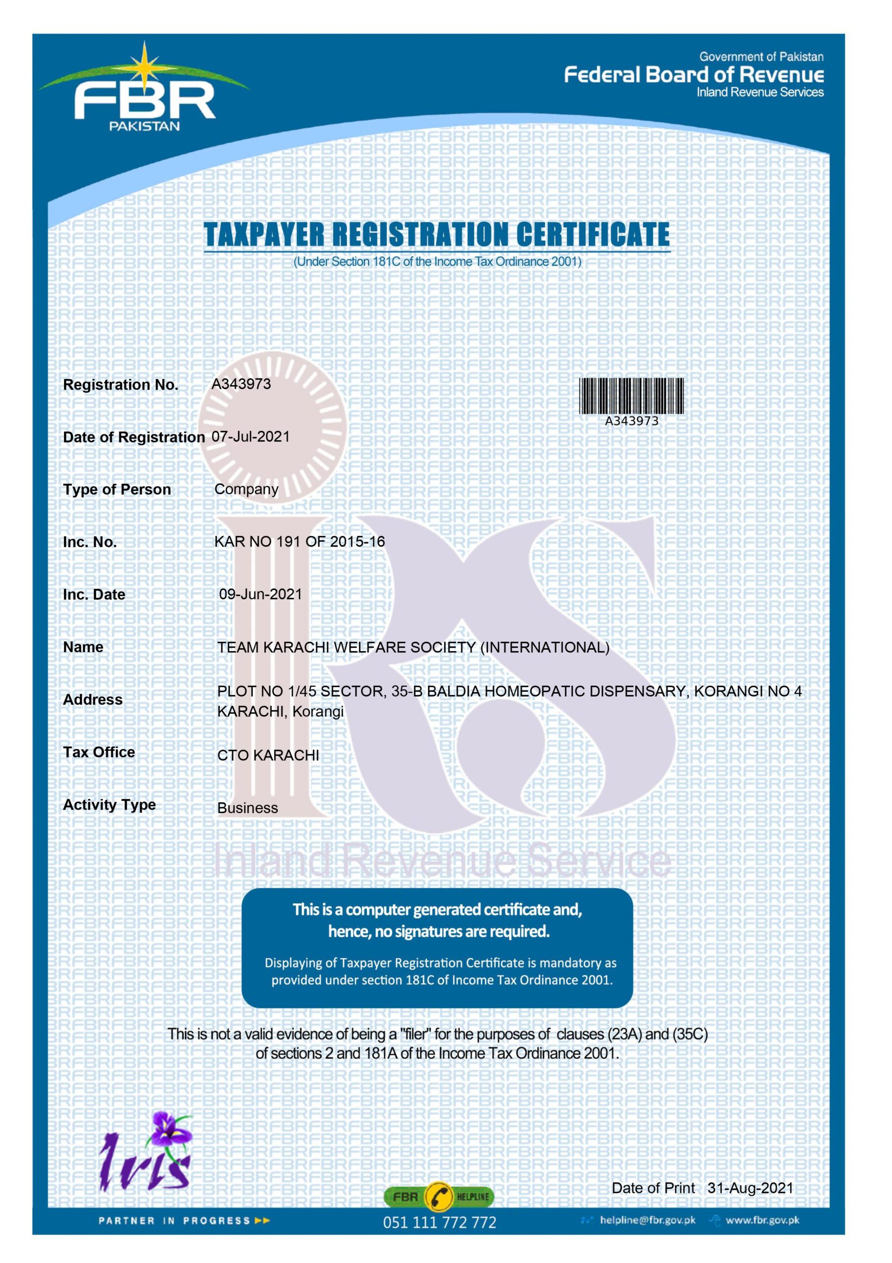 Tax Payer Registration Certificate FBR Team Karachi Welfare Society Tax Payer Registration Certificate FBR Team Karachi Welfare Society