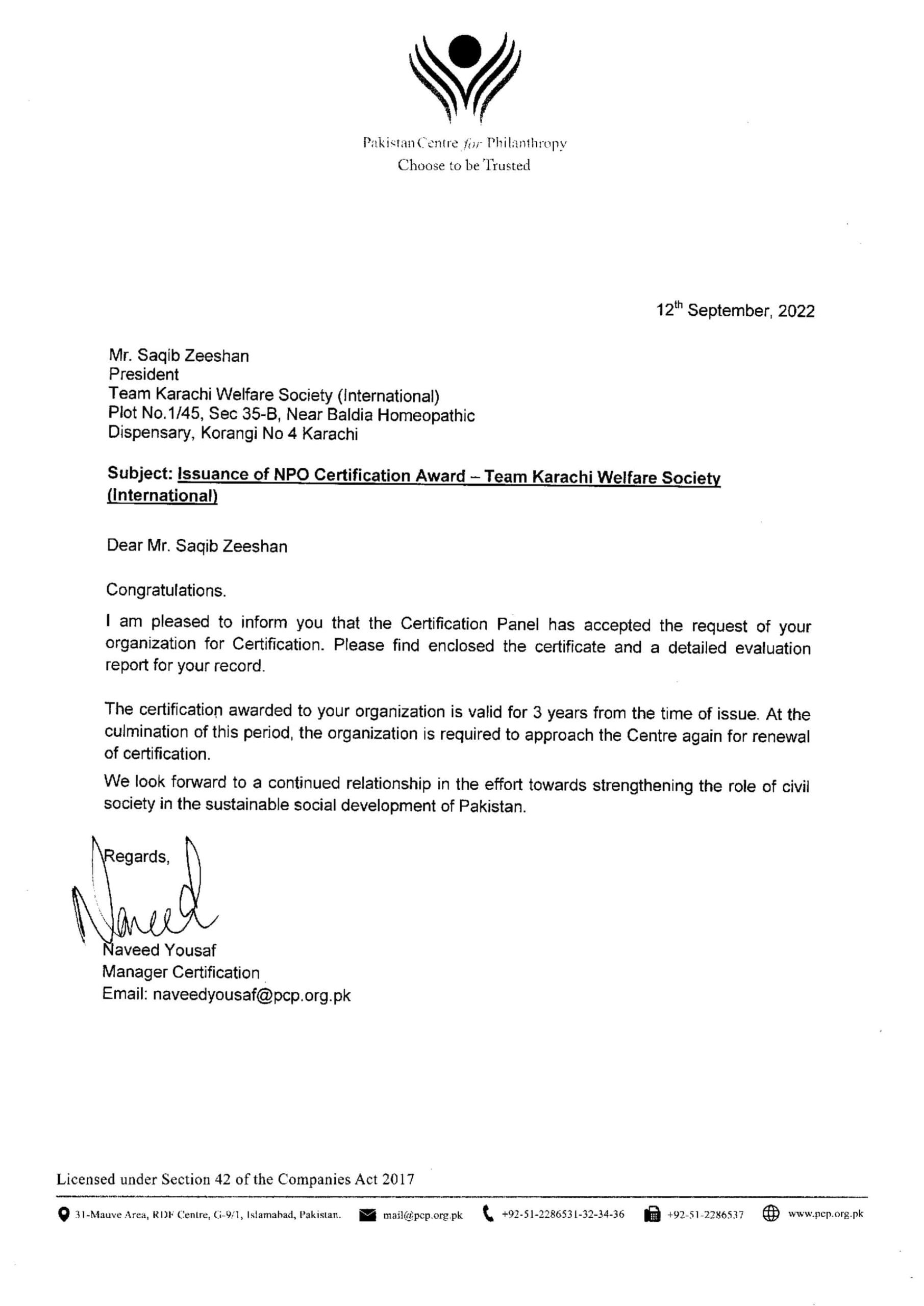 PCP Certificate – Team Karachi Welfare Society
